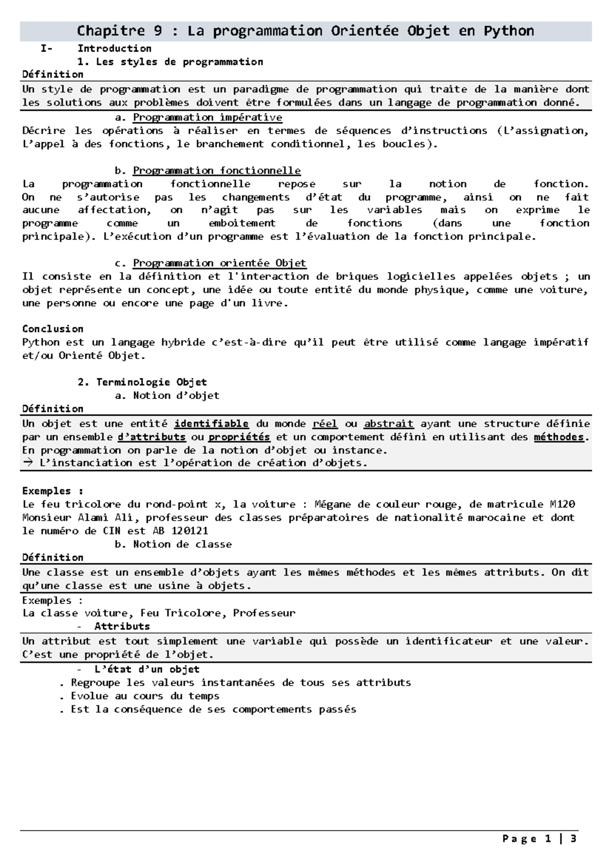 Chapitre 09 Poo To Read P A G E 1 3 Chapitre 9 La Programmation Orientée Objet En Python
