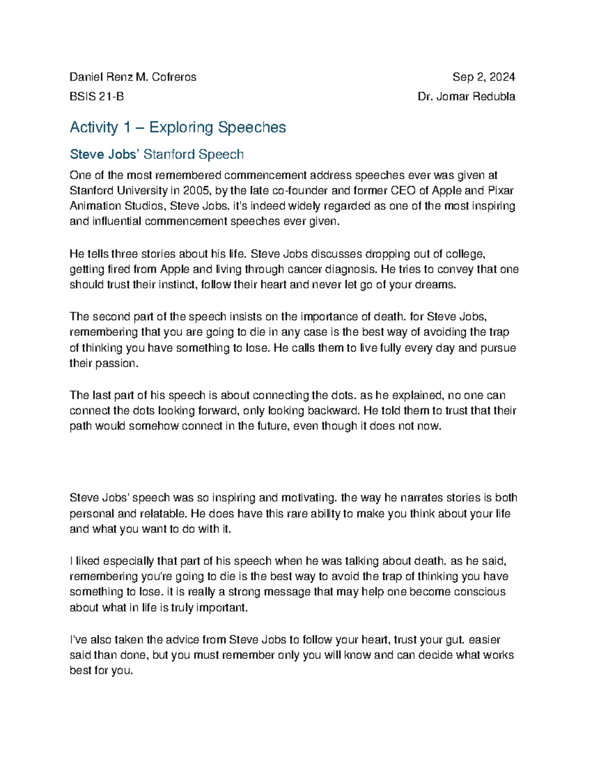 Activity 1-Exploring Speeches - Daniel Renz M. Cofreros Sep 2, 2024 ...