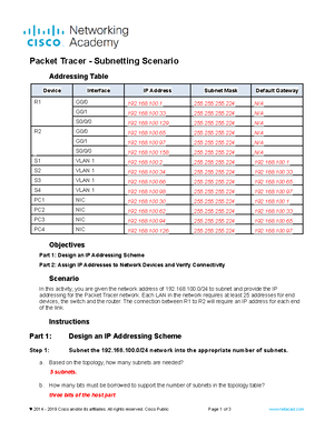 11.10.1 Packet Tracer – Design and Implement a VLSM Addressing Scheme Answers - CSCO-290 - Studocu