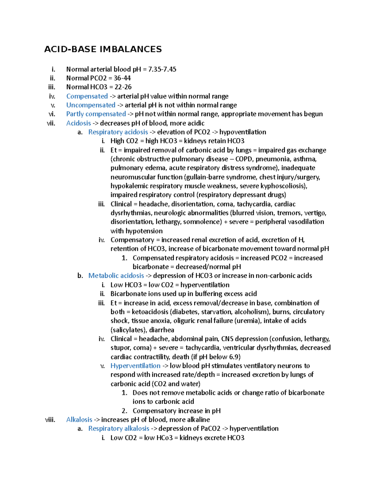 Acid base imbalances - ACID-BASE IMBALANCES i. Normal arterial blood pH ...