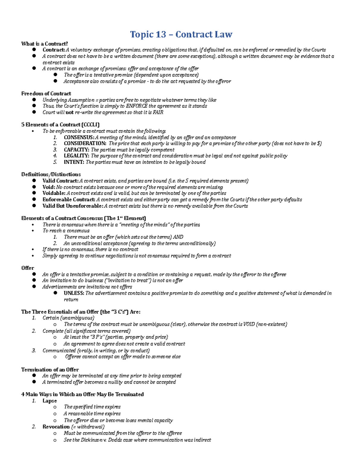 BLAW301 - Topic 13 - Contract Law - Topic 13 – Contract Law What is a ...