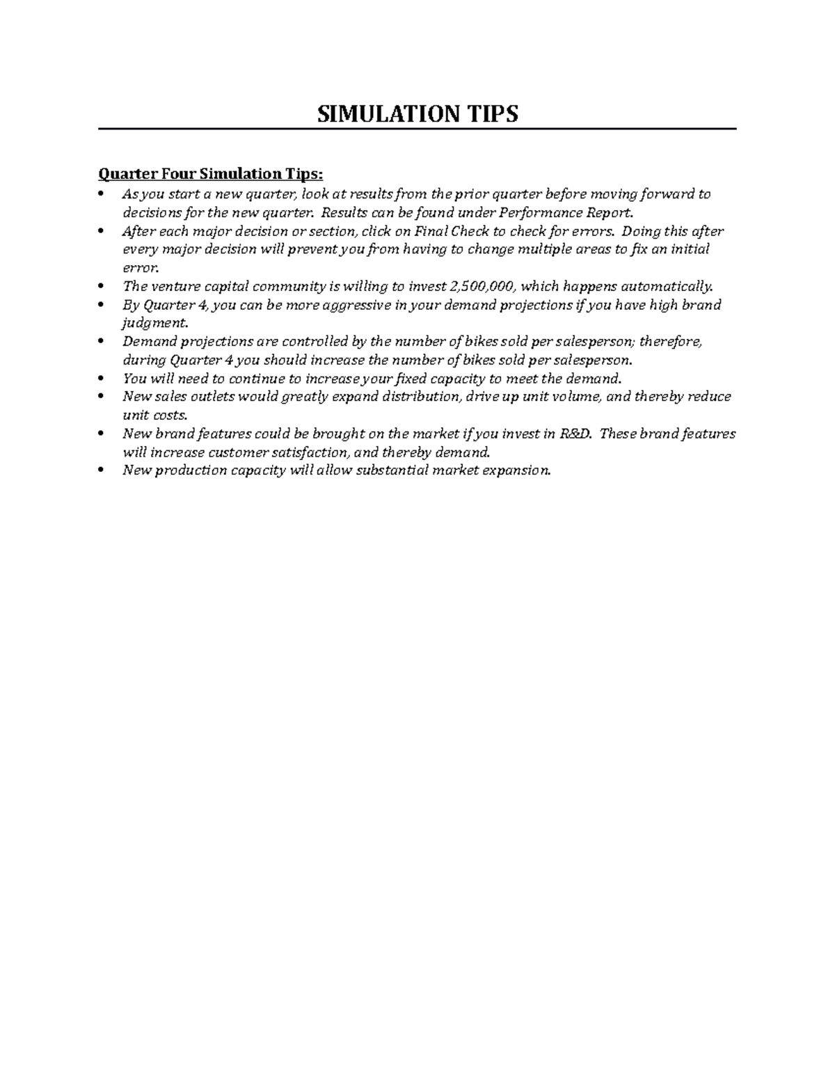 Quarter Four Tips - Tips - SIMULATION TIPS Quarter Four Simulation Tips ...