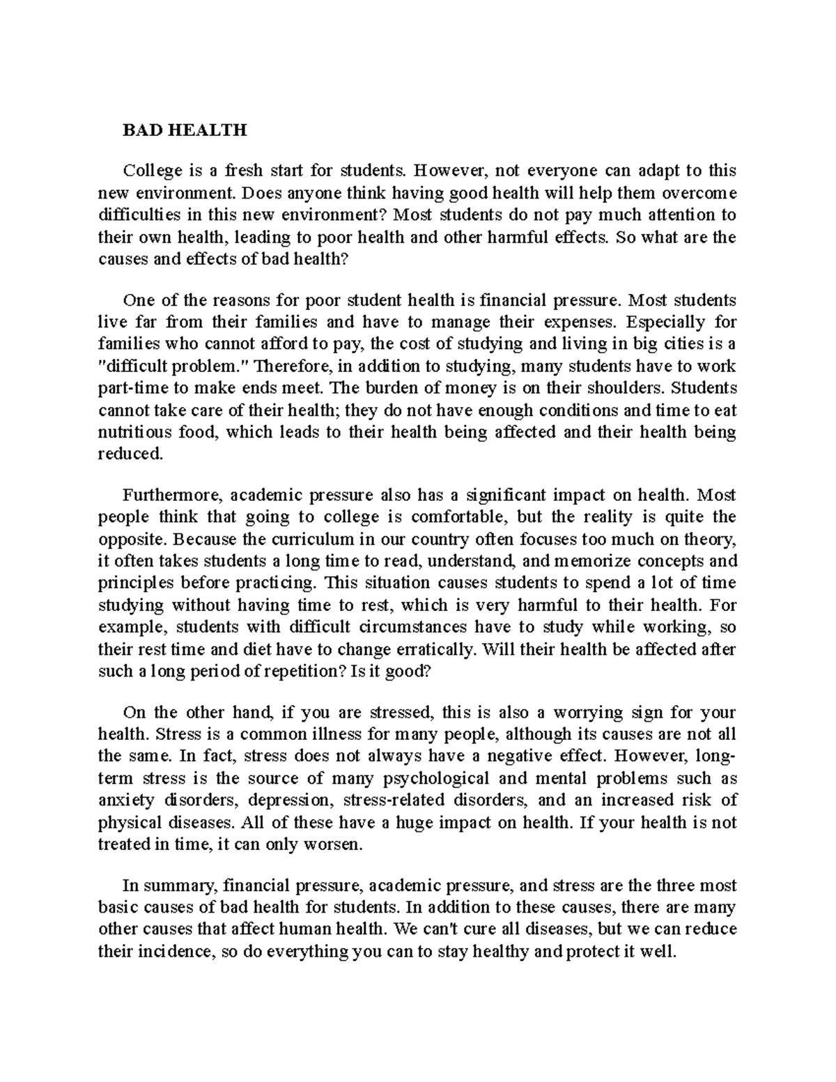 Tài liệu - BAD HEALTH College is a fresh start for students. However ...