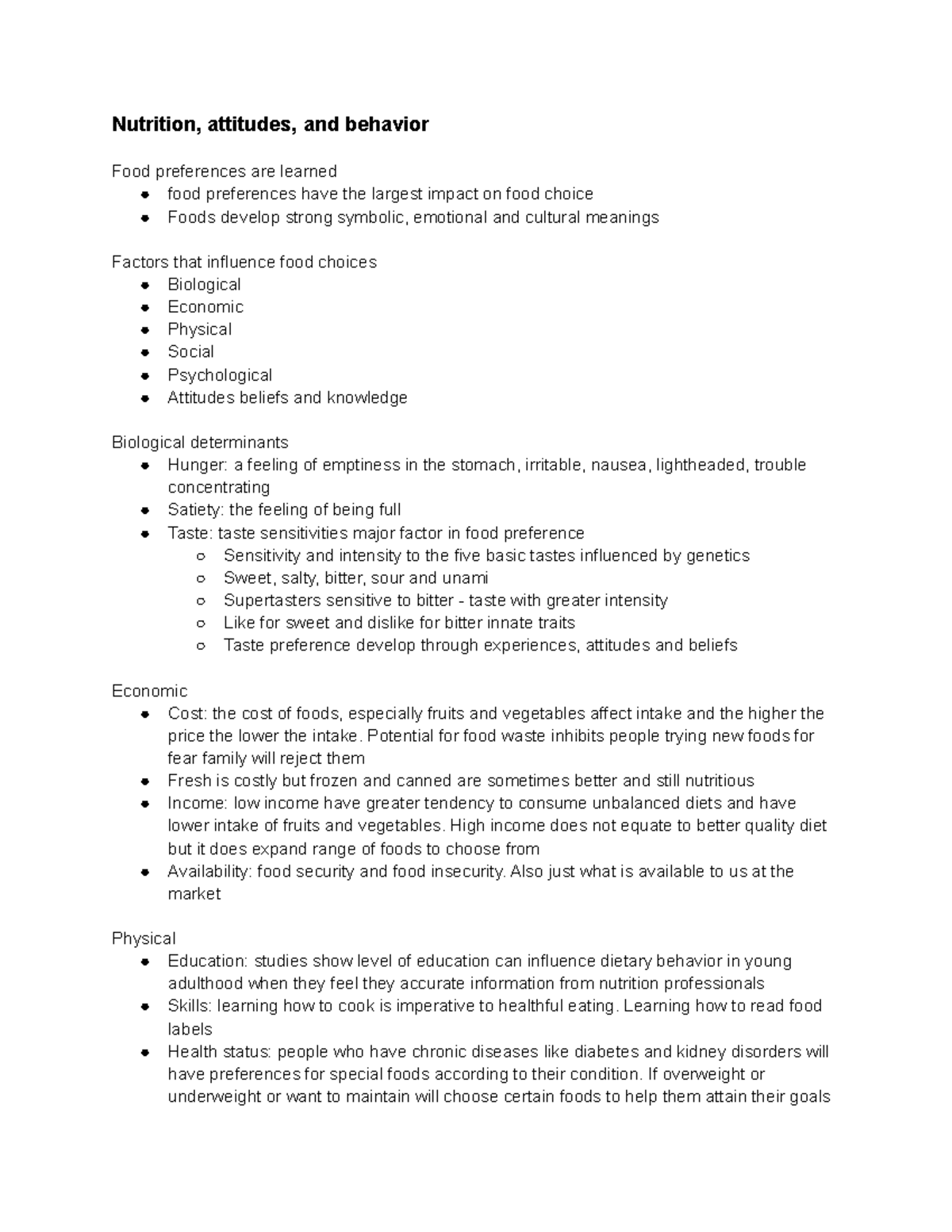 Ch. 5 notes - Nutrition, attitudes, and behavior Food preferences are ...