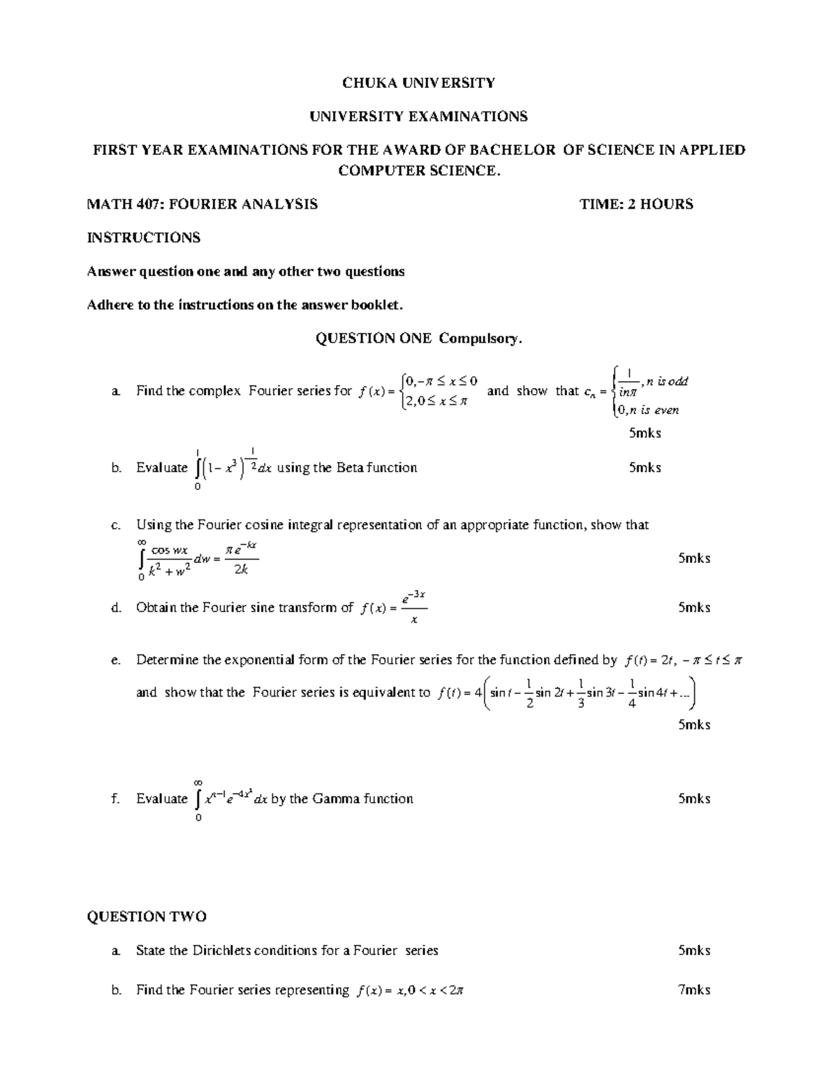 Math 407 exams - Maths paper forrevision - CHUKA UNIVERSITY UNIVERSITY ...