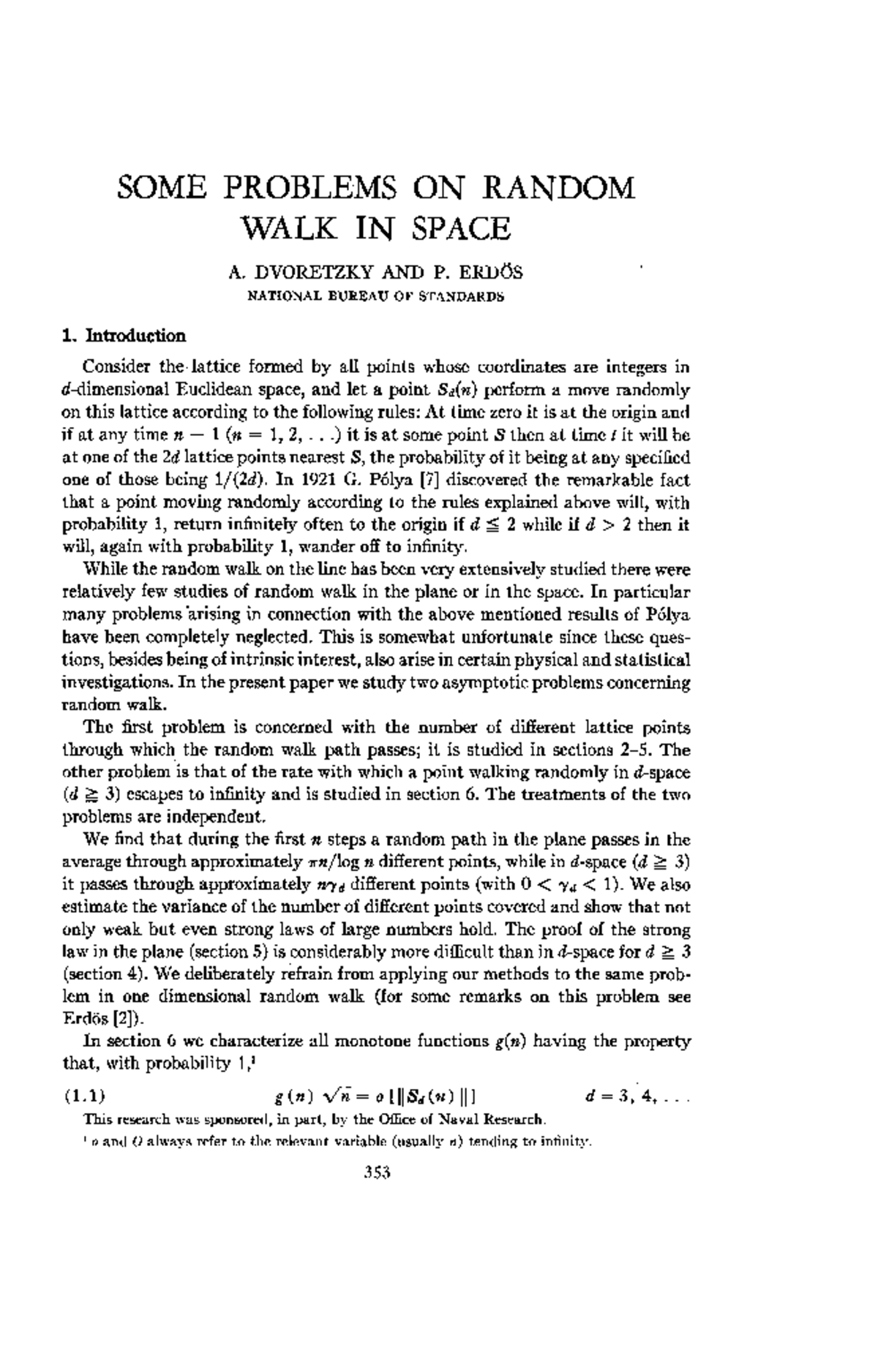 Erdos - adsads - SOME PROBLEMS ON RANDOM WALK IN SPACE A. DVORETZKY AND ...