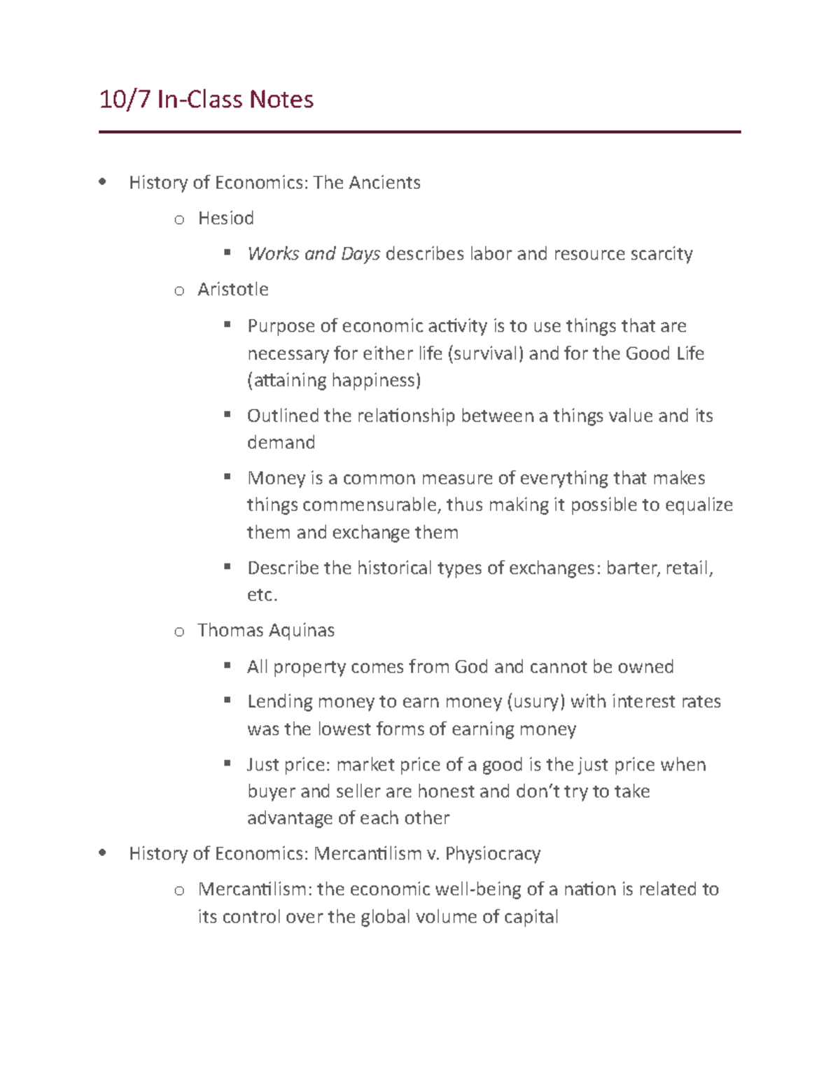 In-Class Notes: Economics - 10/7 In-Class Notes History of Economics ...