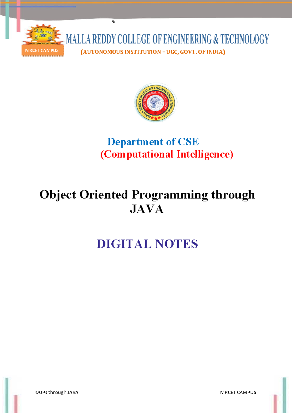 Object Oriented Programming Through JAVA - B – CSE (Emerging Technologi s) R- 20 OOPs thr ough ...