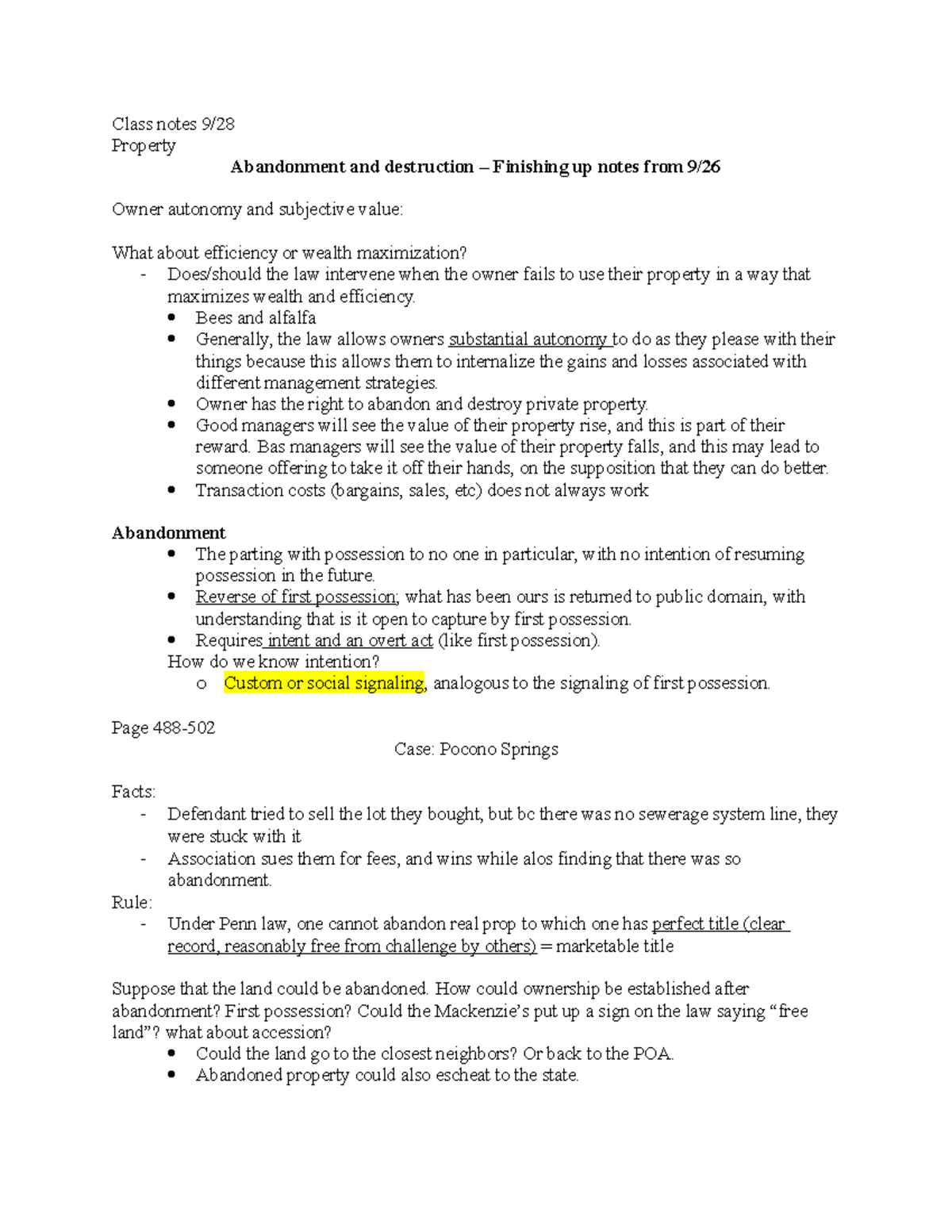 Property notes 9:28 - Class notes 9/ Property Abandonment and ...