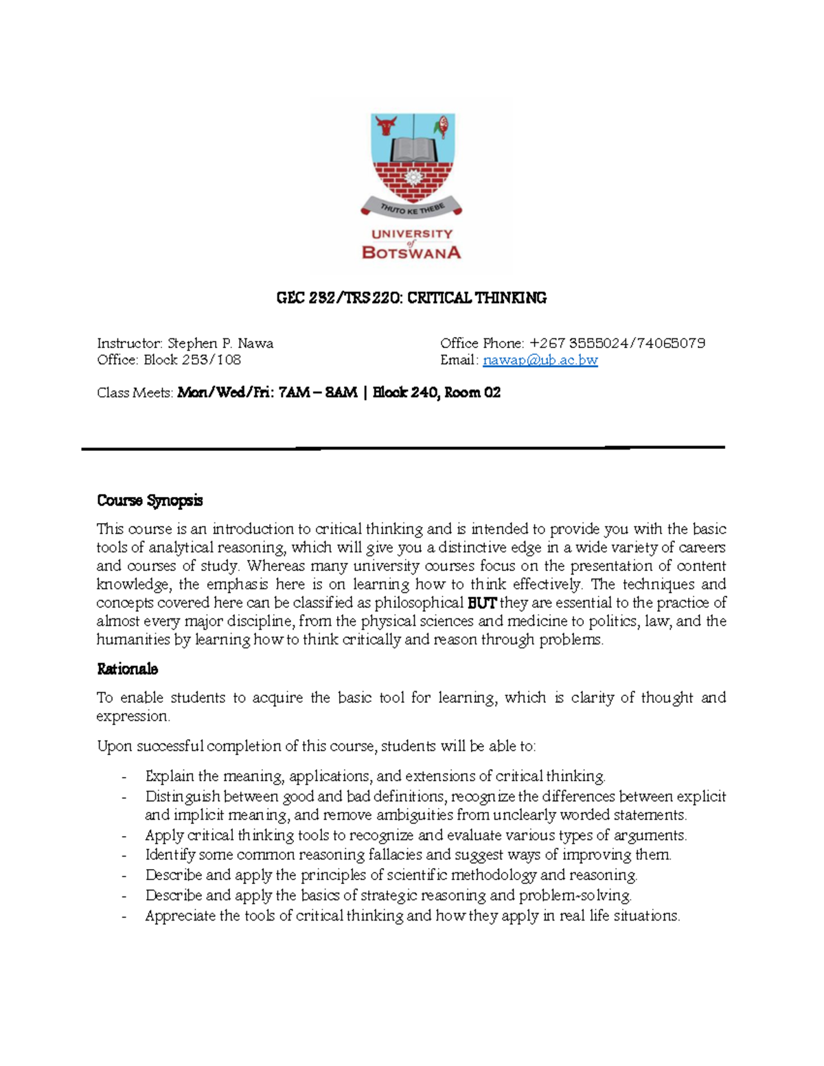 Course Outline GEC 232 - NOTES - GEC 232/TRS 220: CRITICAL THINKING ...