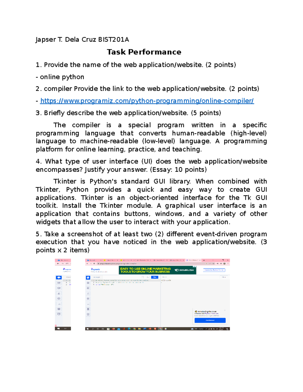 HCI TP - i want to learn - Japser T. Dela Cruz BIST201A Task Performance Provide the name of the ...