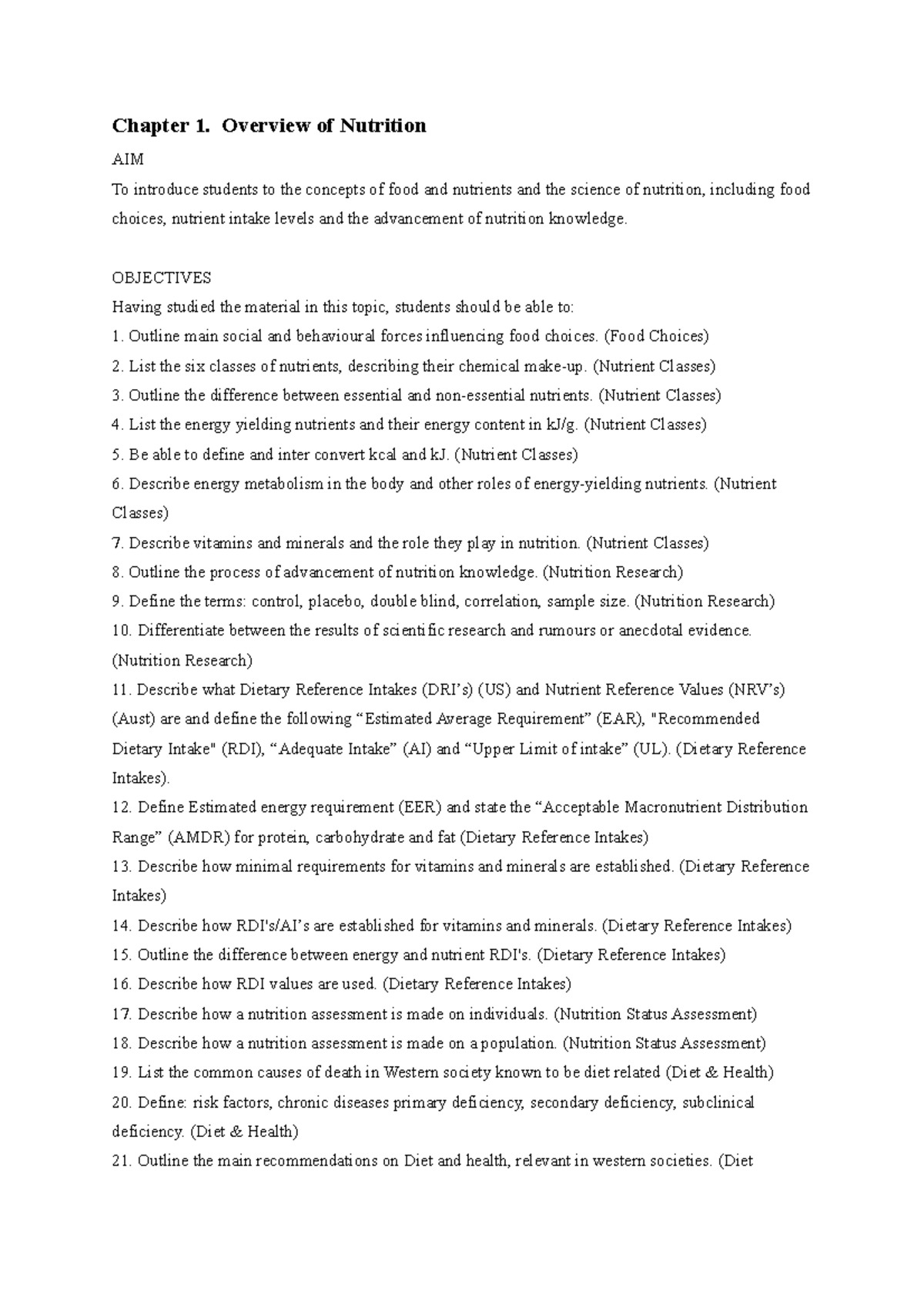 Topic 1 Objectives Overview of nutrition - Chapter 1. Overview of ...