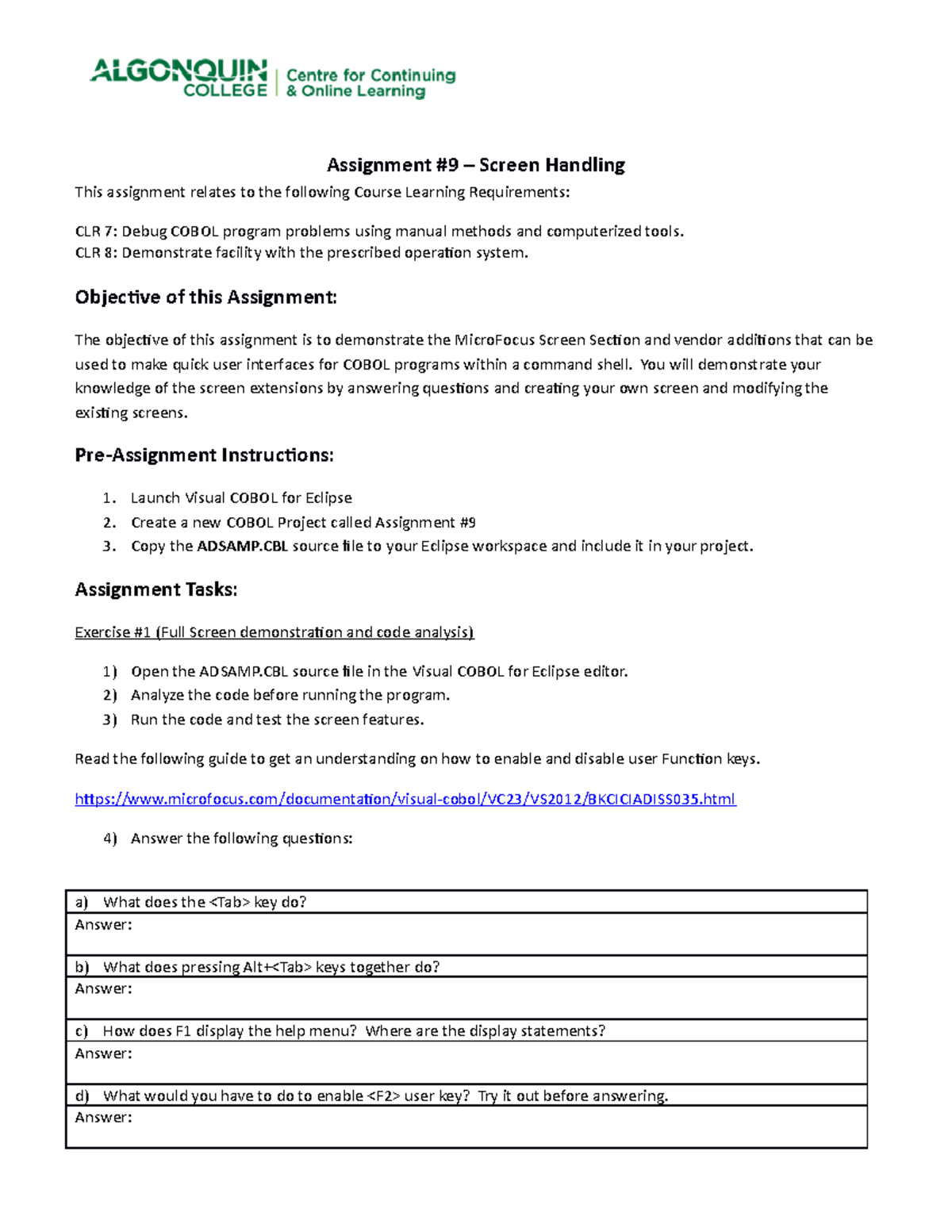 CST8283 Assignment#9 Tech work for COBOL - Assignment #9 – Screen ...