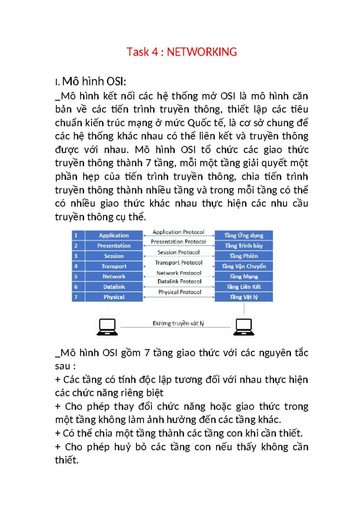 Task 4 - sssssss - Task 4 : NETWORKING I. Mô hình OSI: _Mô hình kết nối các hệ thống mở OSI là ...