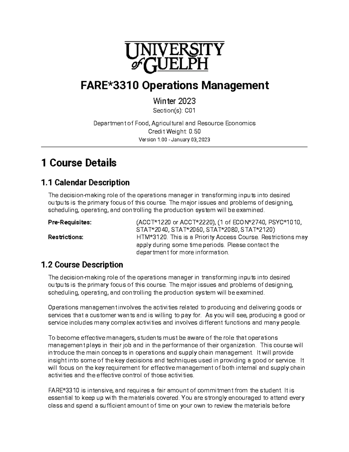 FARE 3310 Outline w23 - FARE*3310 Operations Management Winter 2023 ...