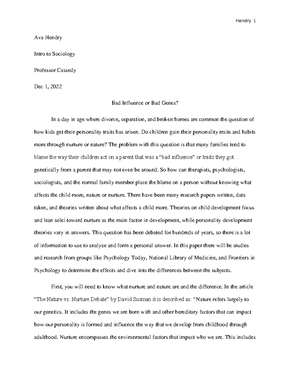 Final Topic Essay - Ava Hendry Intro to Sociology Professor Cassedy Dec ...