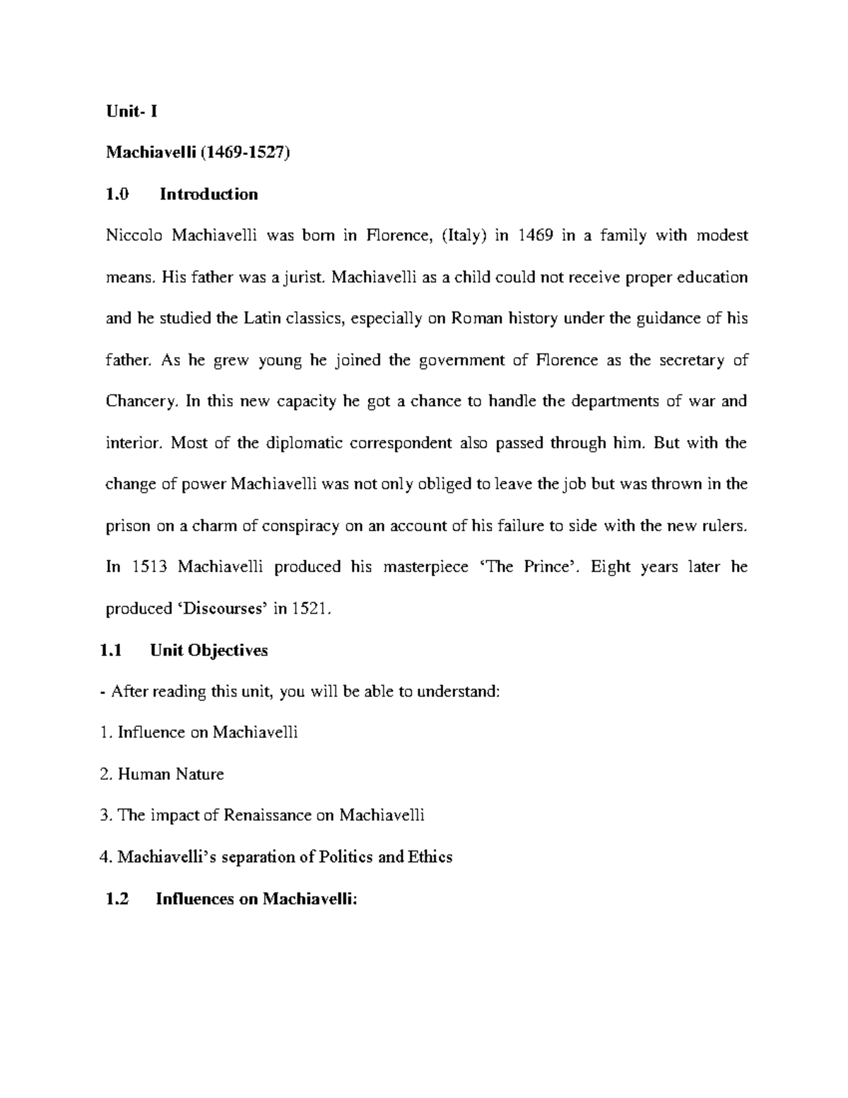 Download 611 - Lecture notes - Unit- I Machiavelli (1469-1527) 1 ...