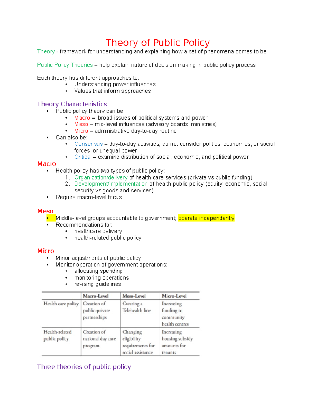 Week 3 notes - Theory of Public Policy Theory - framework for ...