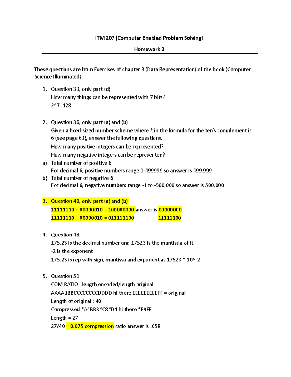 Itm hmk 2 - 3 (Data Representation) of the book (Computer Science Illuminated) - ITM 207 ...
