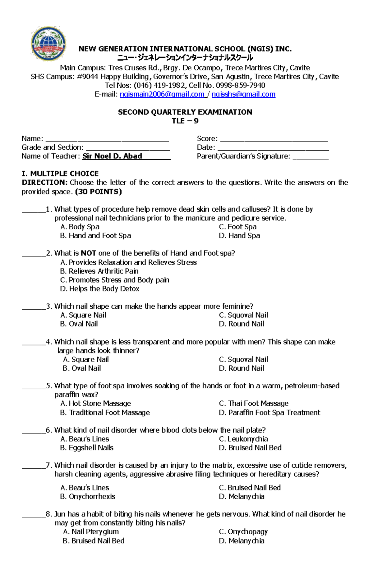 TLE 9 - Second Quarterly EXAM - NEW GENERATION INTERNATIONAL SCHOOL ...