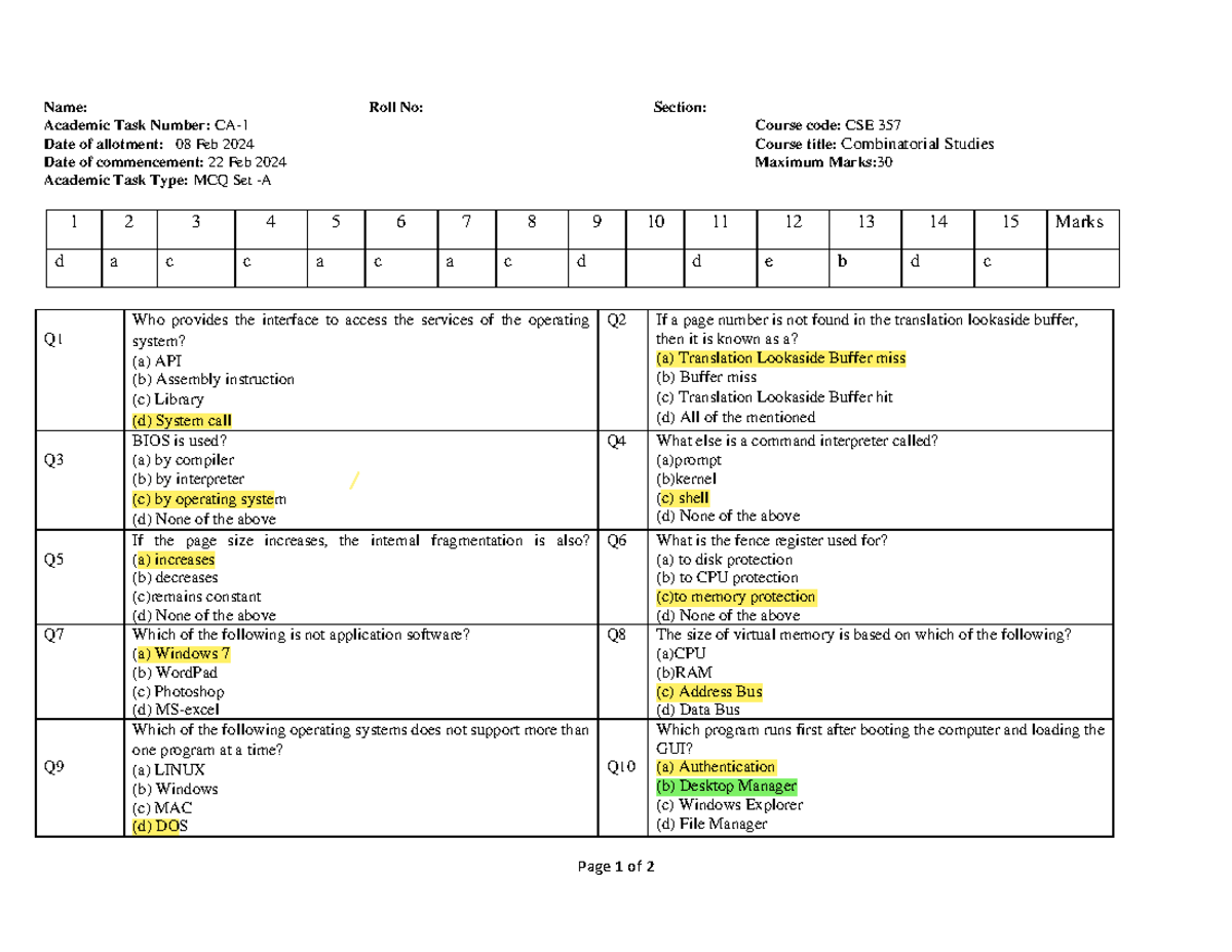 CA 1 CSE 357 A - ca exam paper - Page 1 of 2 Name: Roll No: Section: Academic Task Number: CA- 1 ...