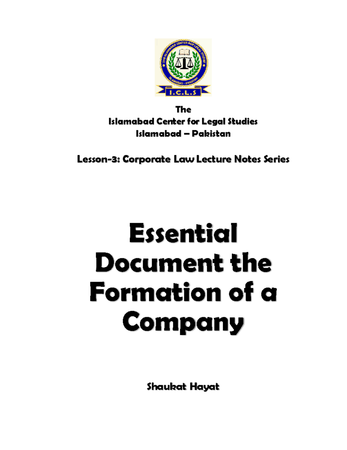 Lesson-3 Essential Documents for the Formation of a Company - The ...