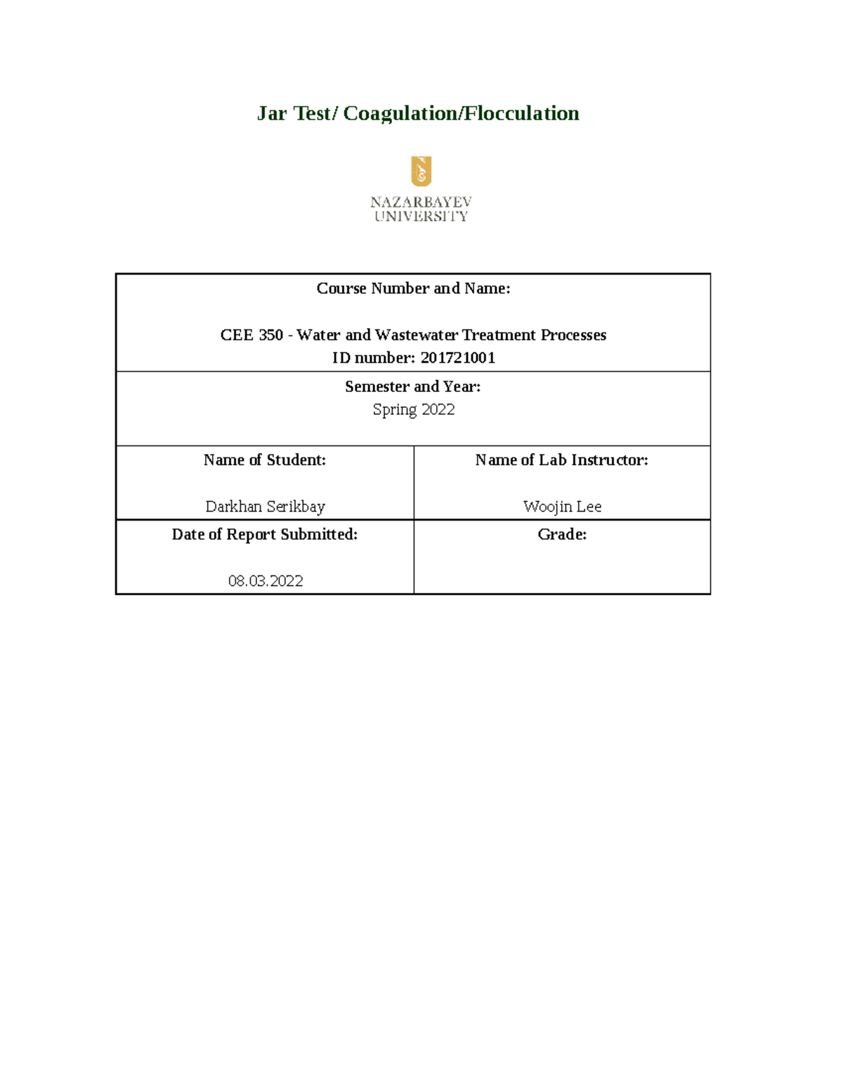 CEE350 lab report on water and wastewater treatment - Jar Test ...
