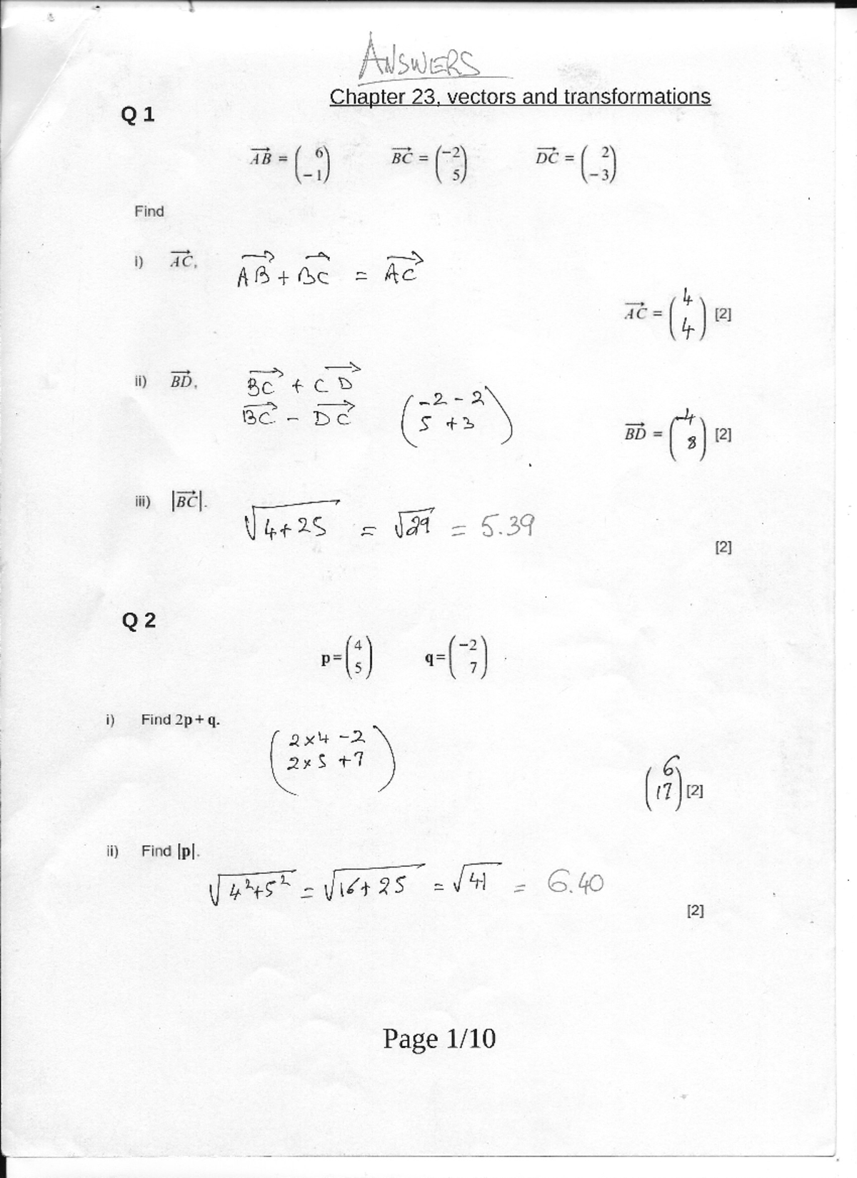 Vectors and tranformations answers - Mathematics: Applications and Interpretation SL - Studocu