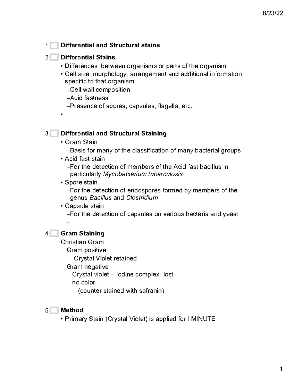 Labs 2 and 3 Notes - 8/23/ 1 Differential and Structural stains ...