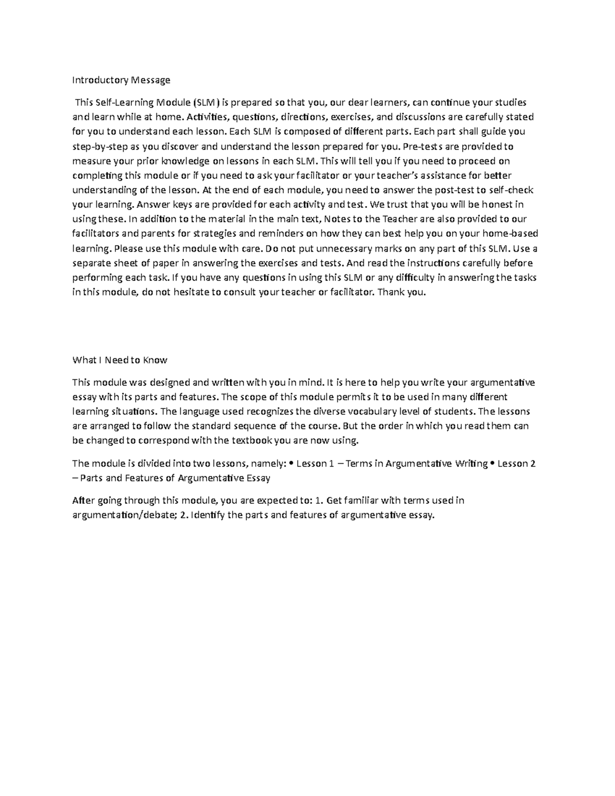 Module - Wala lang - Introductory Message This Self-Learning Module ...