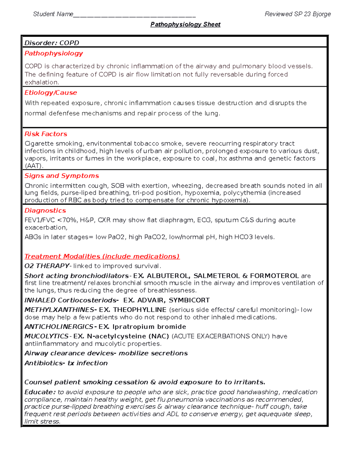 Pathophysiology sheet- COPD - Student Name ...