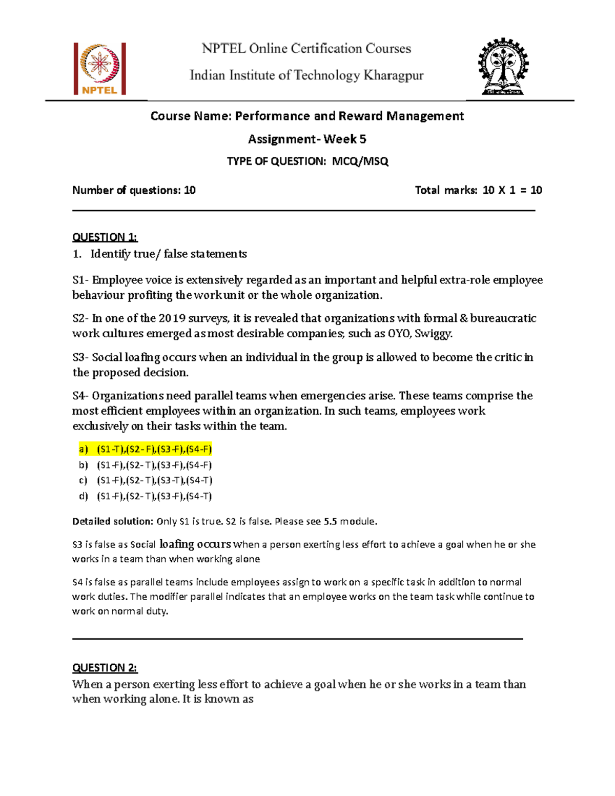 PMRM Assignment 5 JULY,2022 - Course Name: Performance and Reward Management Assignment- Week 5 ...