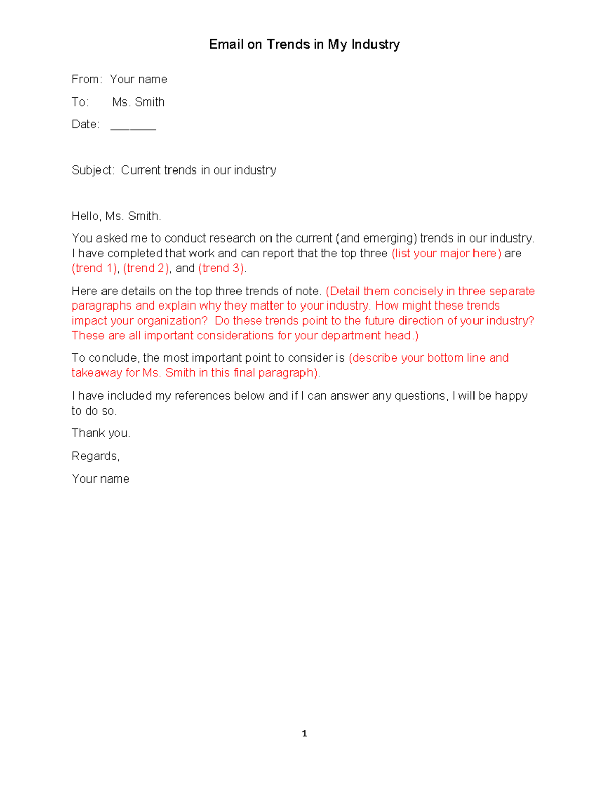 Unit 5 Assignment Template - Email on Trends in My Industry From: Your ...