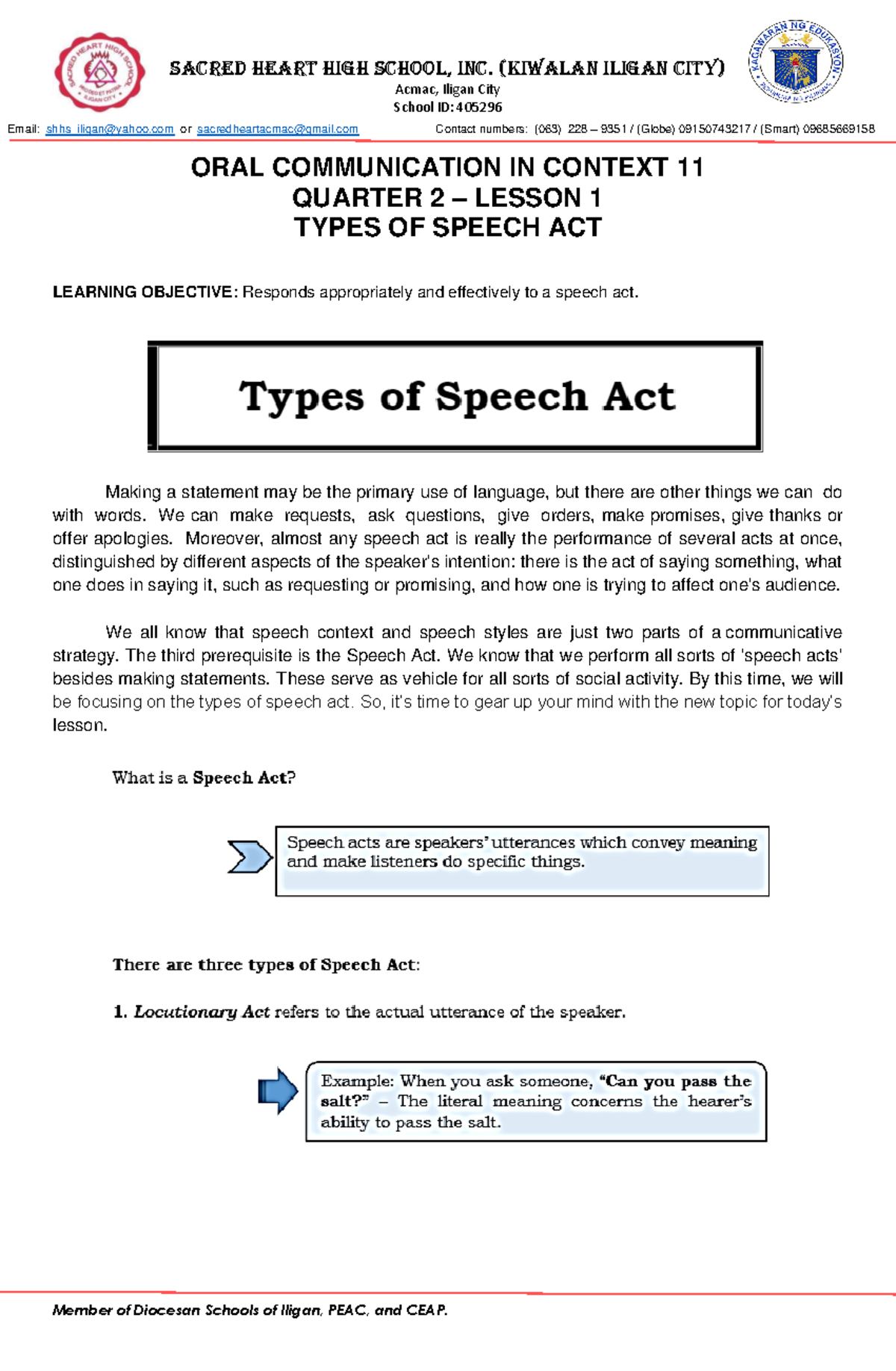 Q2 Lesson 1 Types of Speech Act - Acmac, Iligan City School ID: 405296 Email: shhs_iligan@yahoo ...