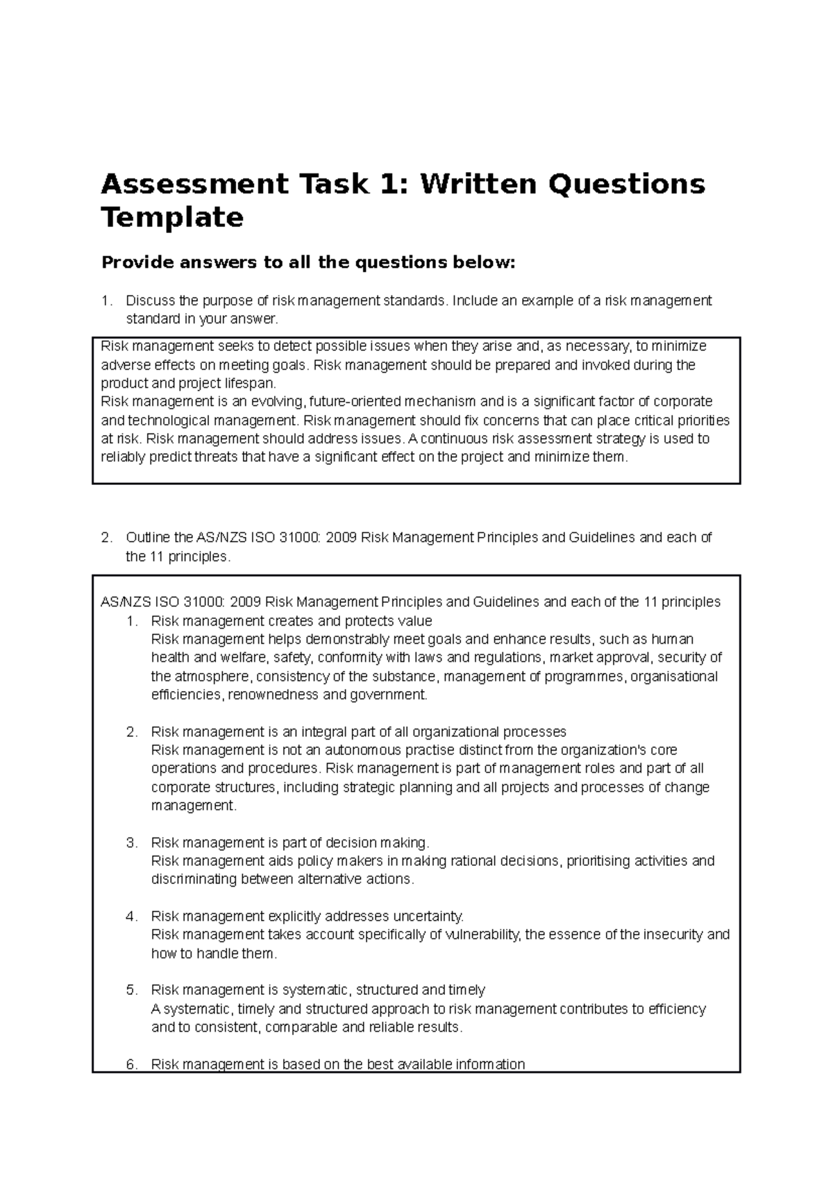 Bsbrsk 501 Assessment Task 1 - Assessment Task 1: Written Questions ...