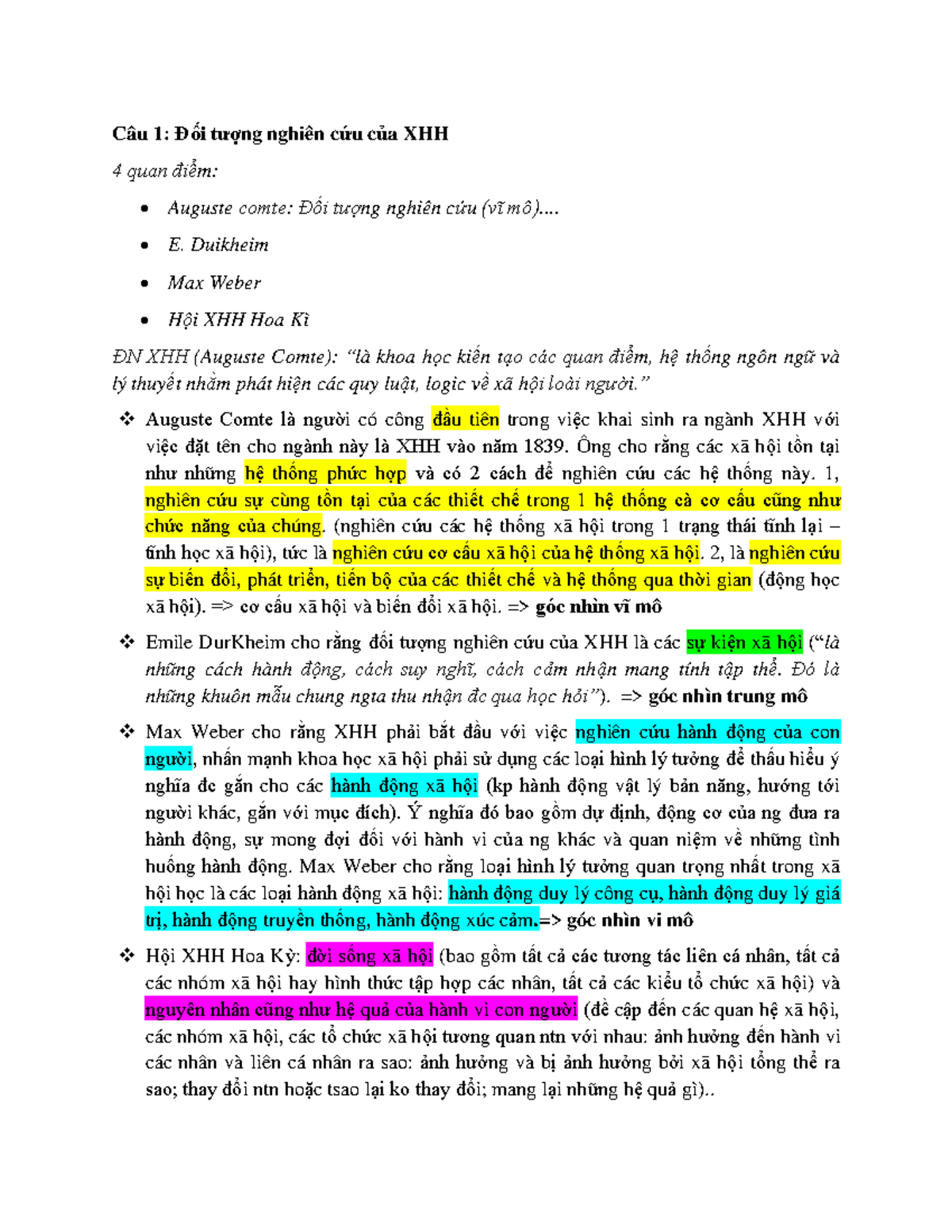 Câu 1 - Câu 1: Đối tượng nghiên cứu của XHH 4 quan điểm: - Auguste comte: Đối tượng nghiên cứu ...