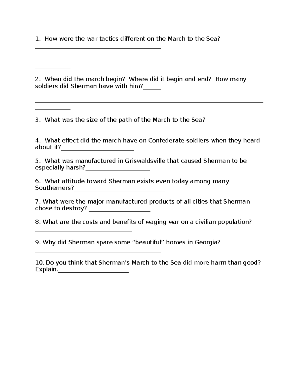 Sherman March to Sea GA Stories Questions 2022 - How were the war ...