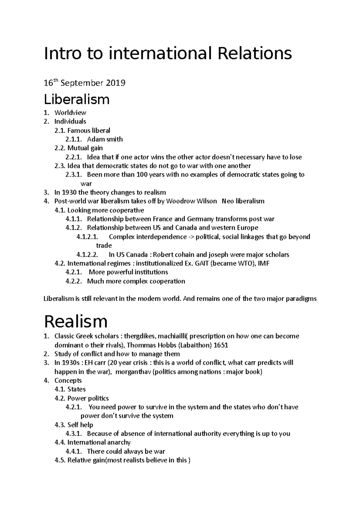 Intro to international Relations 16th sept - Intro to international ...