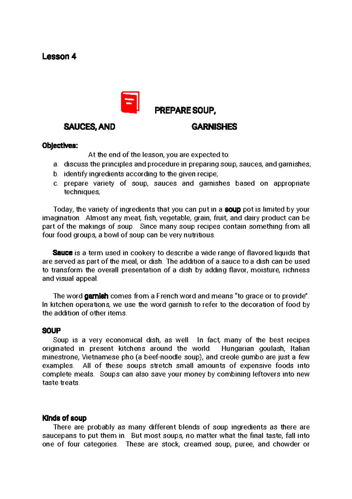 Prepare SOUP, Sauces, AND Garnishes - Lesson 4 PREPARE SOUP, SAUCES ...