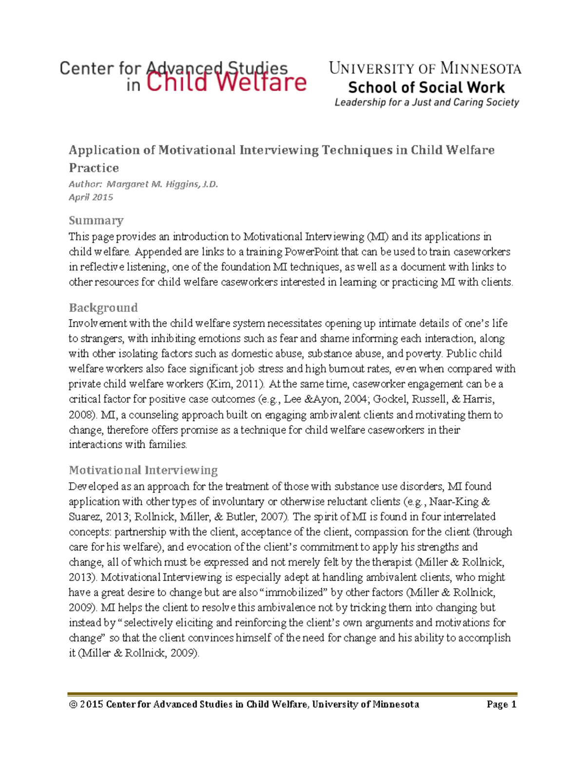 Motivational Interviewing Child Welfare - Application of Motivational ...