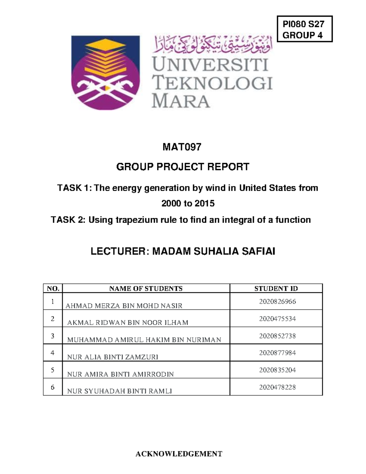 Draft Assignment Math (example) - MAT GROUP PROJECT REPORT TASK 1: The ...