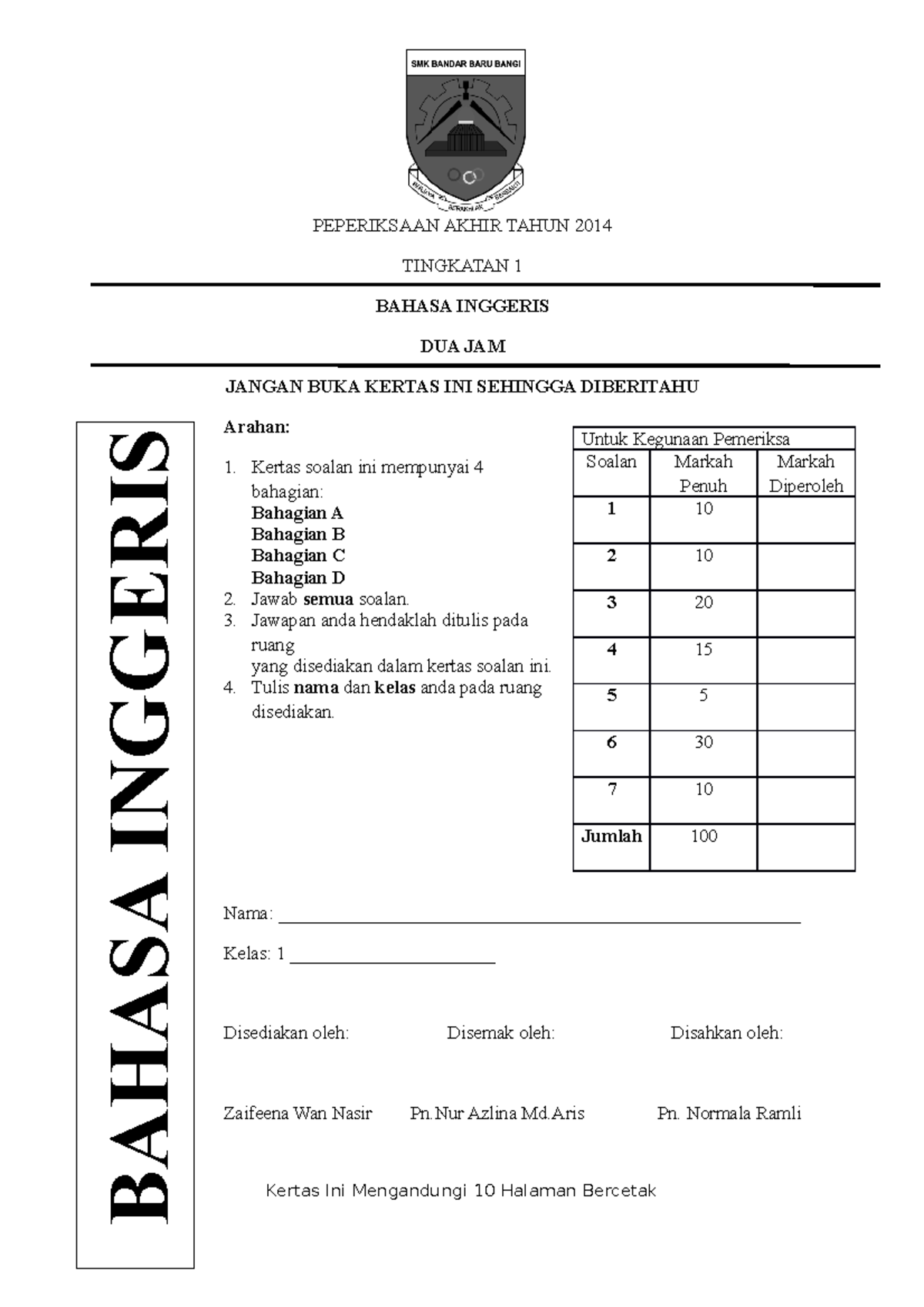 Ujian akhir tahun english tingkatan 1 kssm set5 - PEPERIKSAAN AKHIR ...