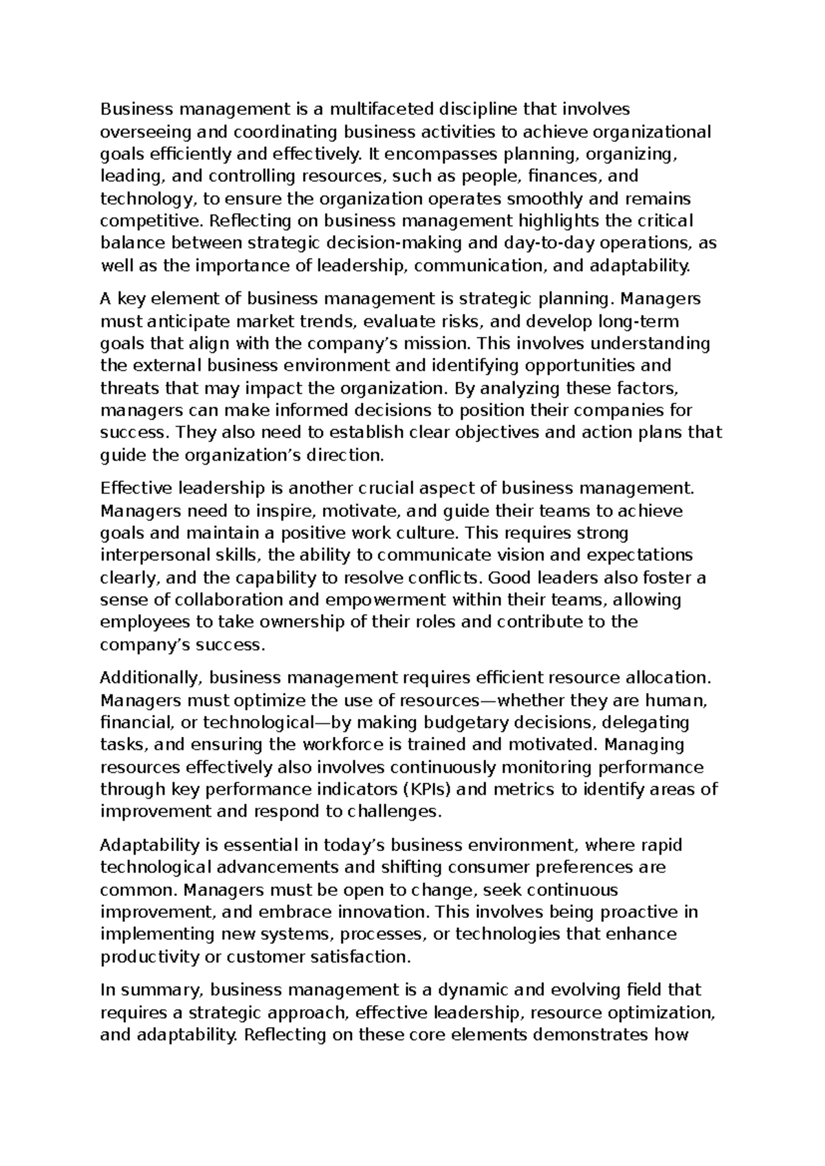 Business Management Reflection - Business management is a multifaceted ...