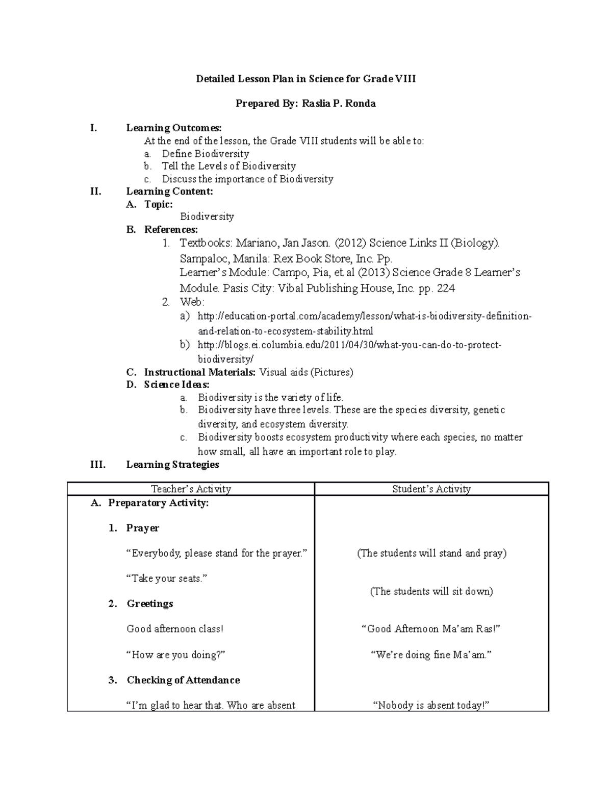 Biodiversity compress - Detailed Lesson Plan in Science for Grade VIII ...