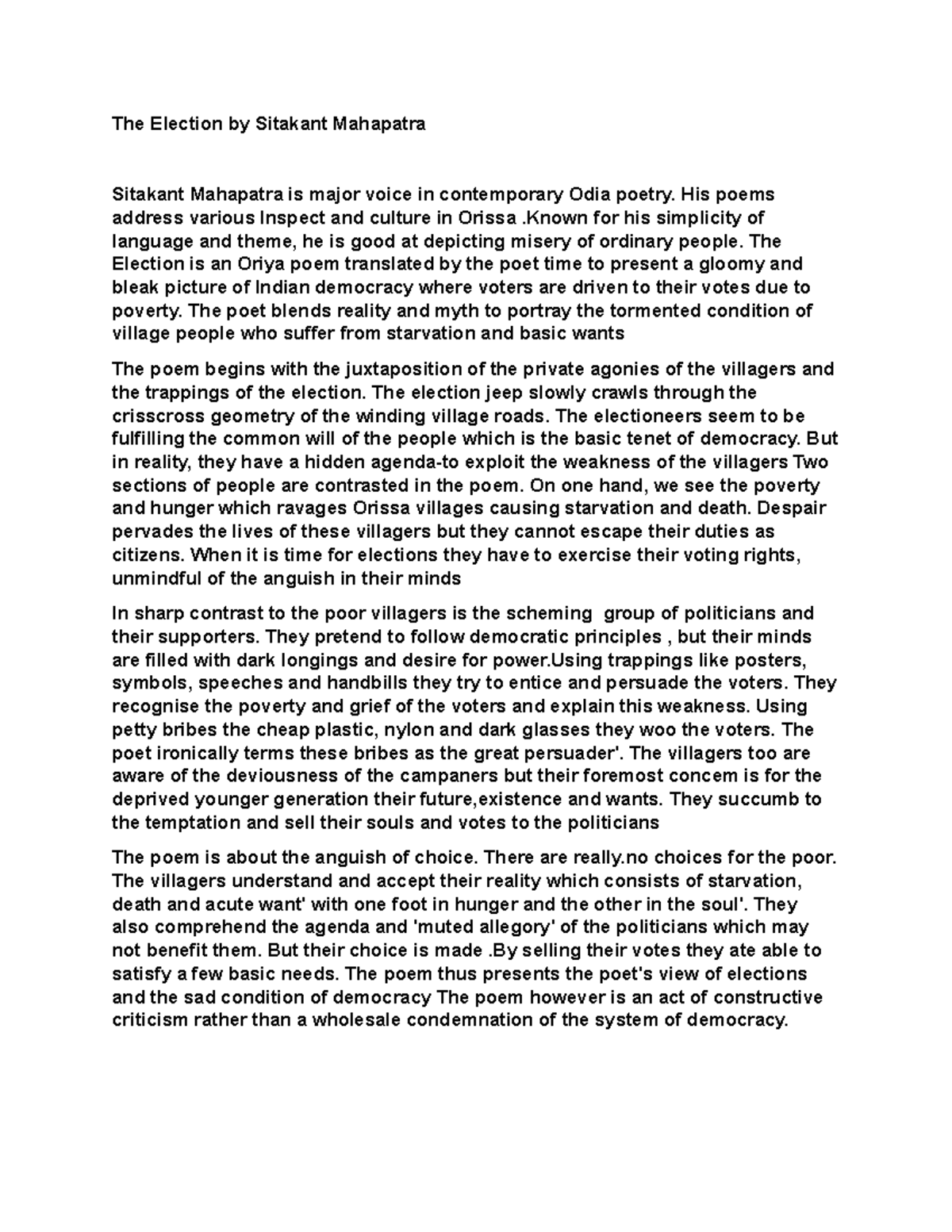 The election Priya's essay - The Election by Sitakant Mahapatra ...