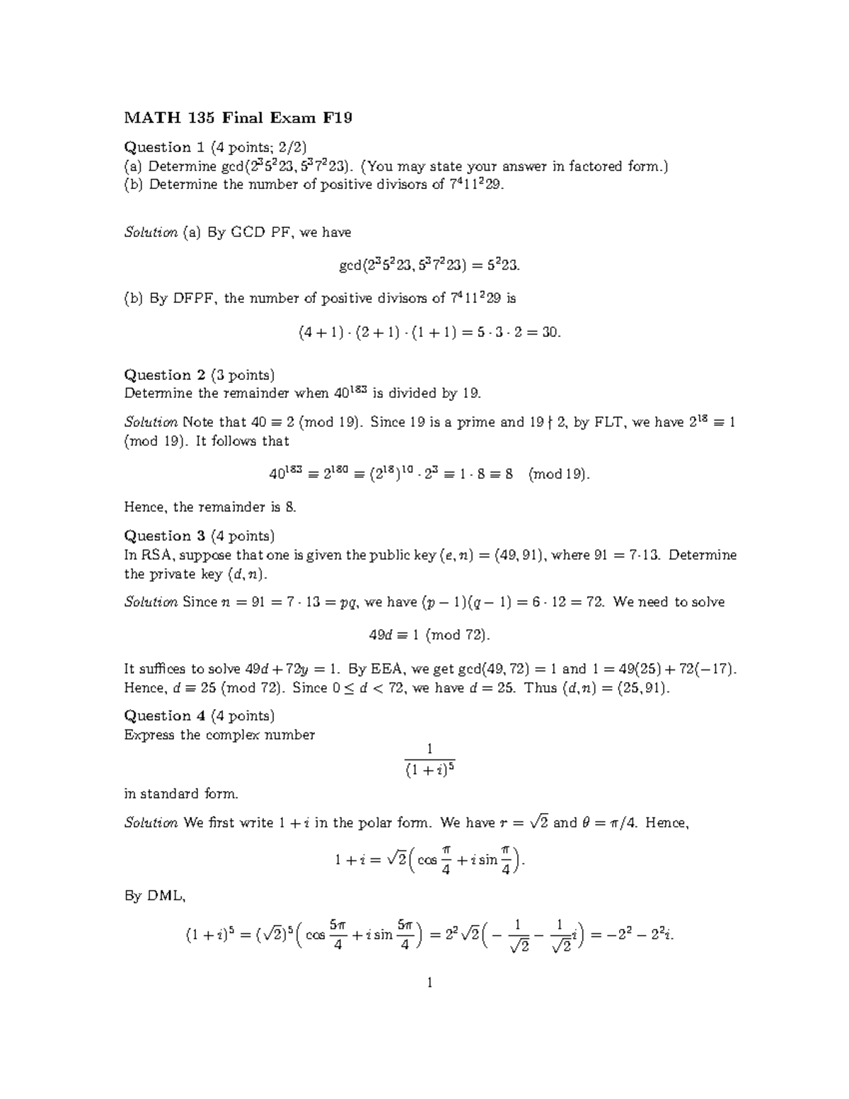 Final-F19-solutions - MATH 135 Final Exam F Question 1 (4 points; 2/2) (a) Determine gcd(2 35223 ...