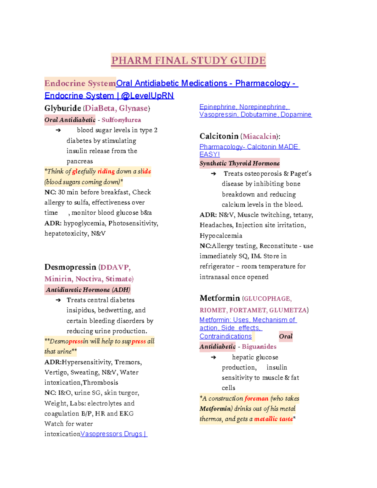 Pharm Final Study Guide - PHARM FINAL STUDY GUIDE Endocrine SystemOral ...
