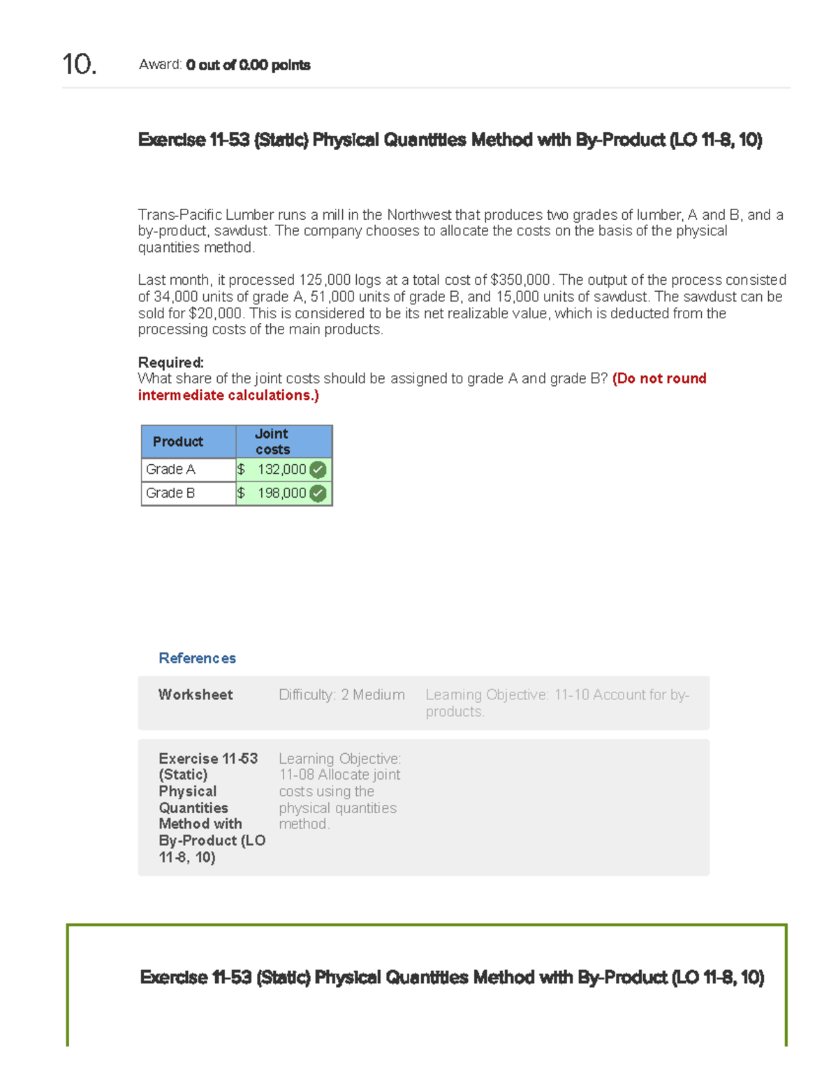 Exercise 11-53 (Static) Physical Quantities Method with By-Product (LO 11-8, 10) - 10. Award: 0 ...