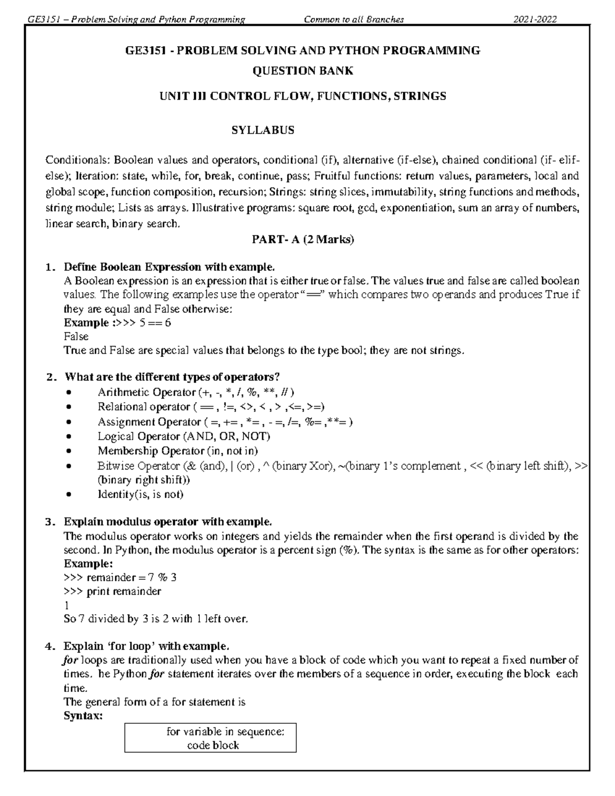 UNIT III QB - fxvsdg - GE3151 - PROBLEM SOLVING AND PYTHON PROGRAMMING ...