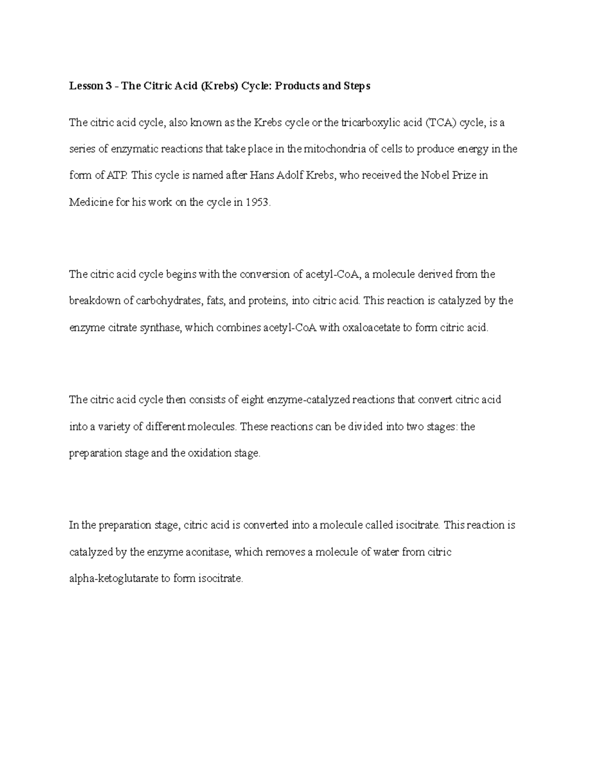 Lecture Notes BL111 (Week 13) - Lesson 3 - The Citric Acid (Krebs ...